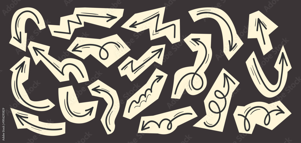 Hand drawn arrow collection in doodle style. Curved, zigzag and looping ...