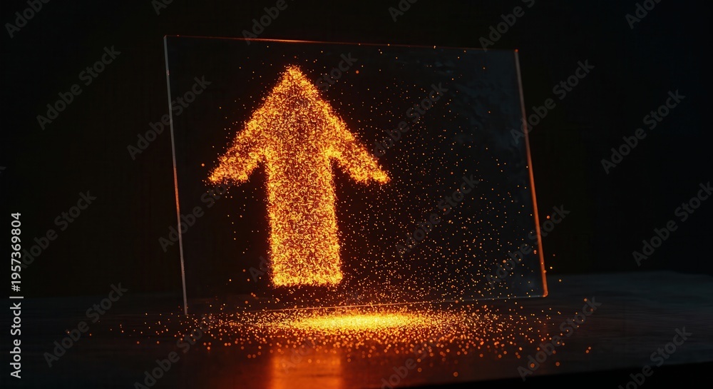 Glowing orange particle arrow pointing up on transparent glass. Growth ...
