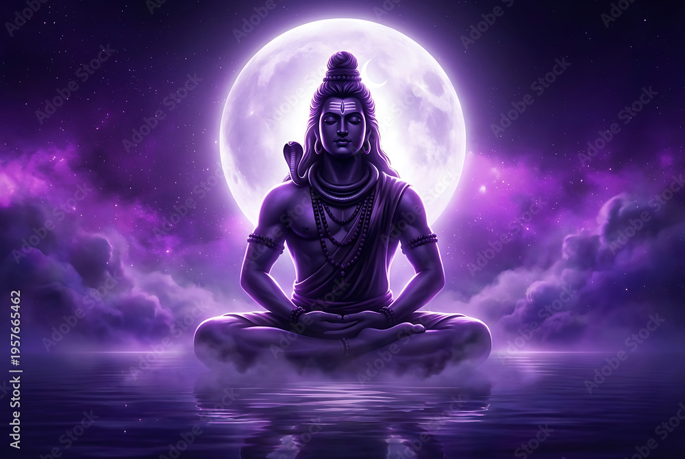 Spiritual meditation of mahadev in purple moonlight over water for the ...