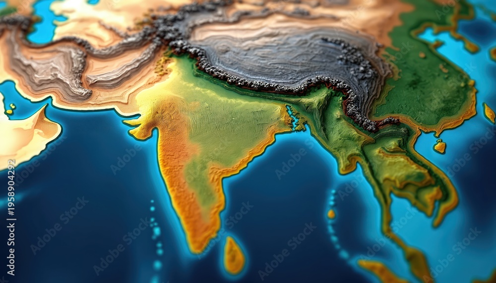 Detailed relief map shows Indian subcontinent terrain and borders ...