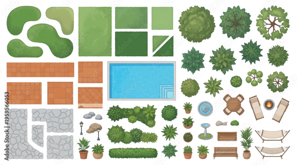 Top View Vector Set of Landscape Design Elements Garden Plants ...