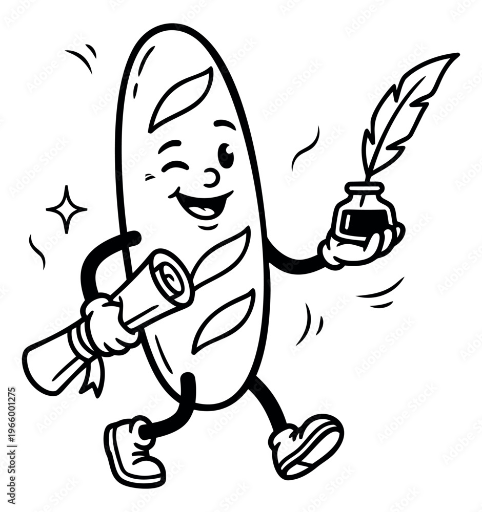 Cartoon illustration of a happy baguette character depicting a walking ...