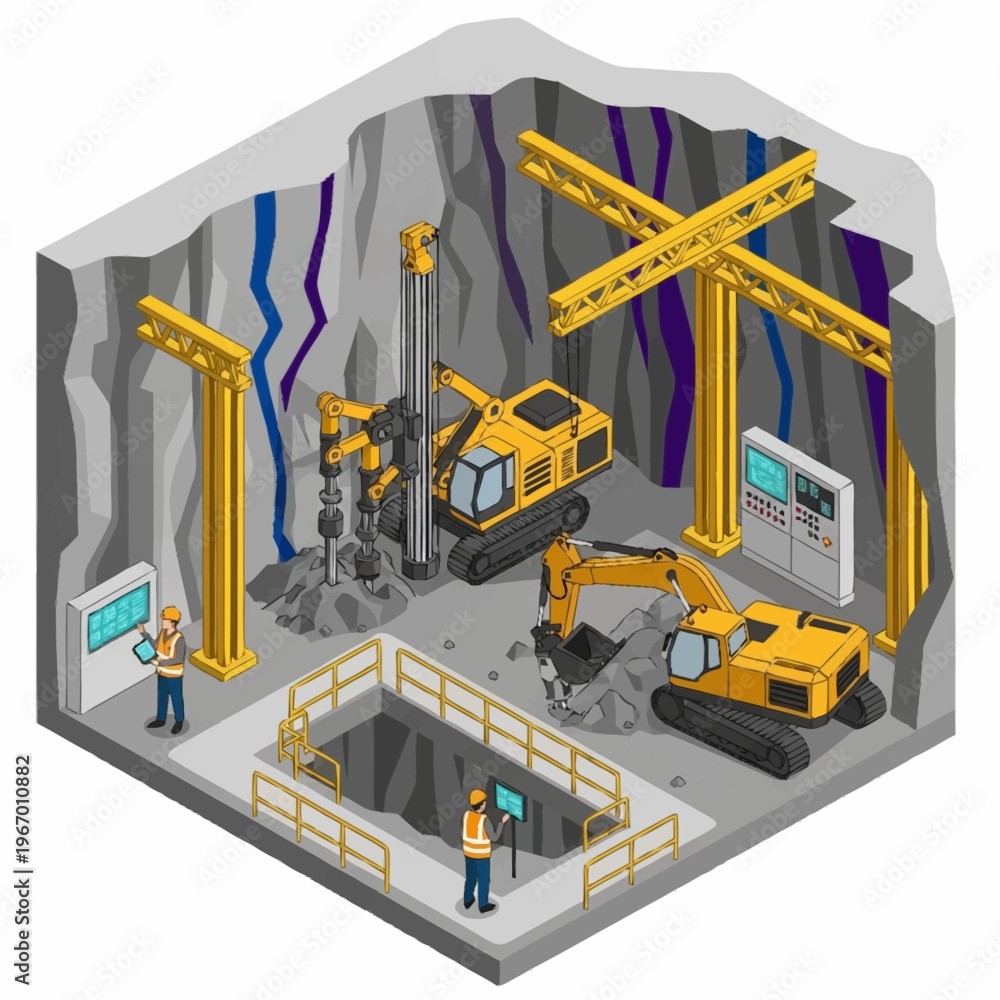 Isometric View of Underground Mining Operation with Heavy Machinery. の ...