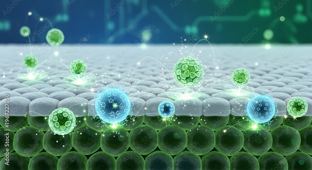 Nanoparticles and cells interacting on a microscopic surface Stock ...