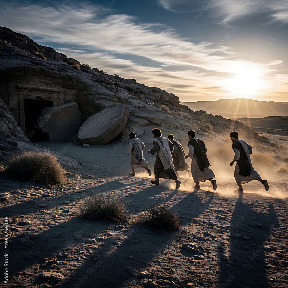 Stock-Foto „Disciples Running Toward Empty Tomb at Sunrise Resurrection ...