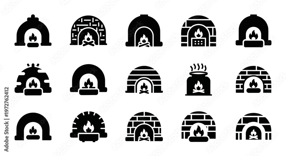 Stock-Vektorgrafik „Black brick oven icons, pizza oven symbols, cooking ...