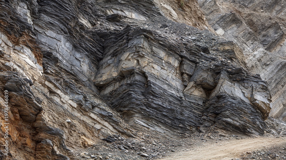 rupture. Earthquake-displaced rock layers showing fracture lines in a ...