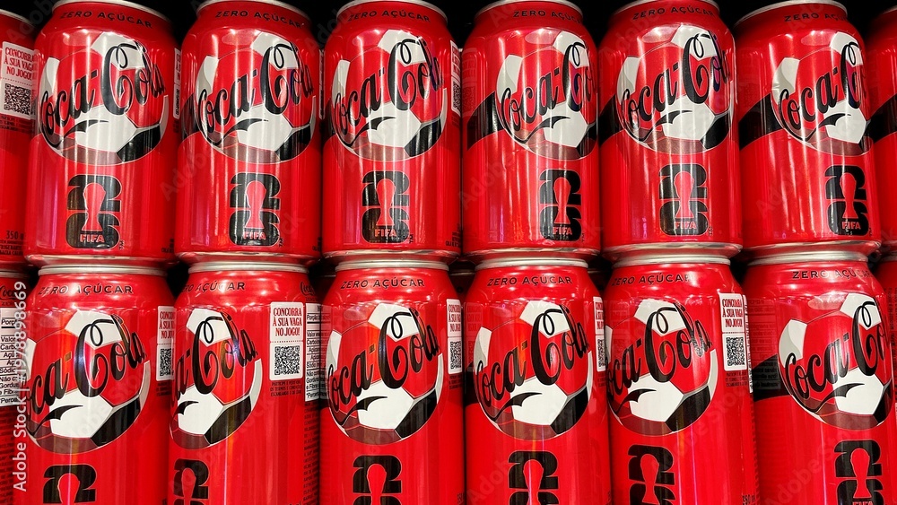 Salvador, Brazil - April 9, 2026: Coca-Cola soda cans on a supermarket ...