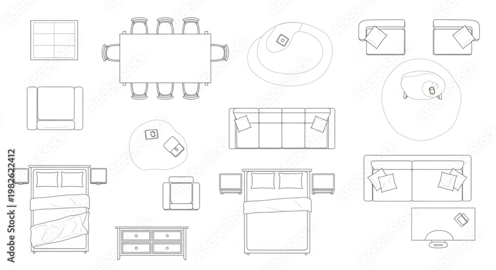 Architectural drawings of furniture and room layouts. Stock Vector ...