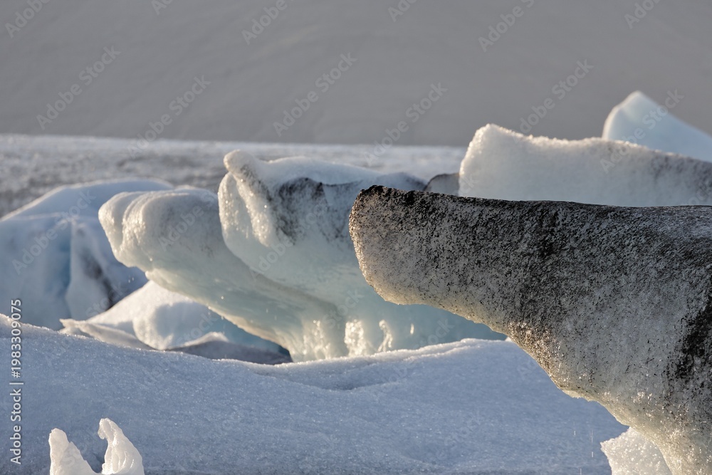 Icebergs, the darker ones coloured by volcanic ash, Joekulsarlon ...