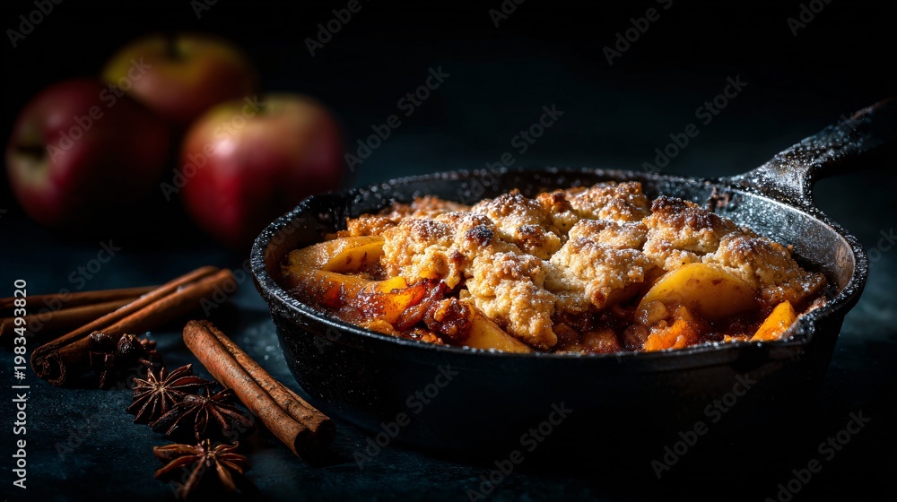 Traditional apple cobbler baked in a cast iron skillet, dark charcoal ...