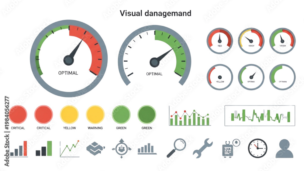 Visual Management Dashboard Icon Set, Performance Gauge and Status ...
