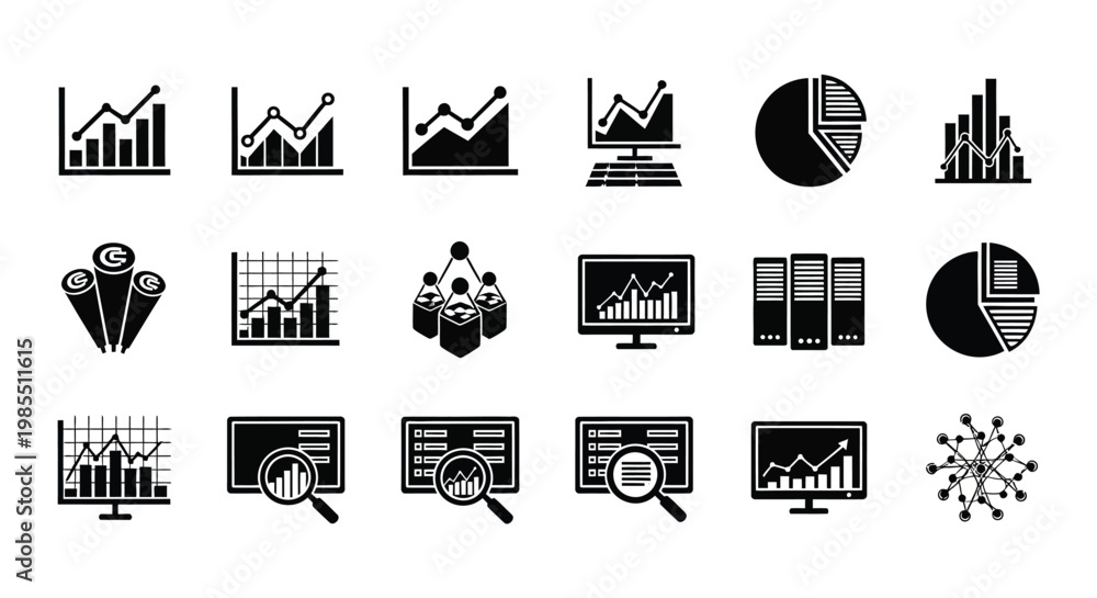 Black and white icons of business analytics charts graphs and data ...