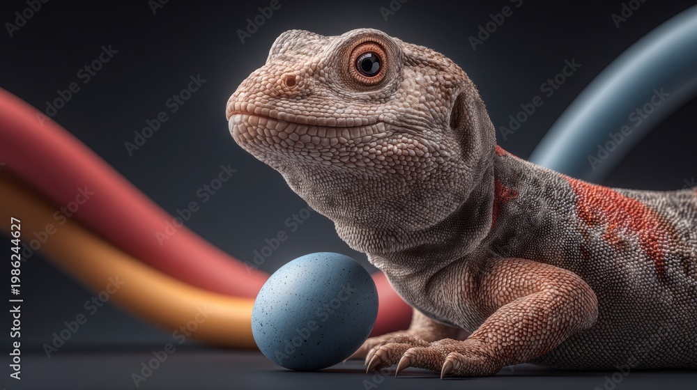 Lizard's delightful easter egg moment on a serene canvas. Digital ...
