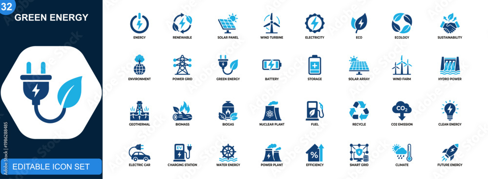Green energy icon set, renewable power, solar, wind, eco electricity ...