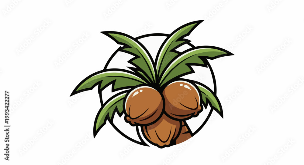 Stylized drawing of a cluster of coconuts with palm fronds and a circle ...