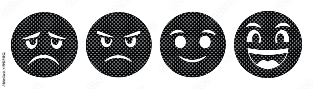 Emotional Emoticon Set, four black vector emoji icons depicting sad ...