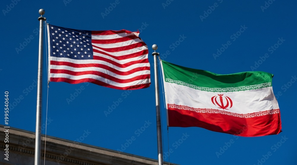 Two national flags, United States and Iran, flying side by side against ...