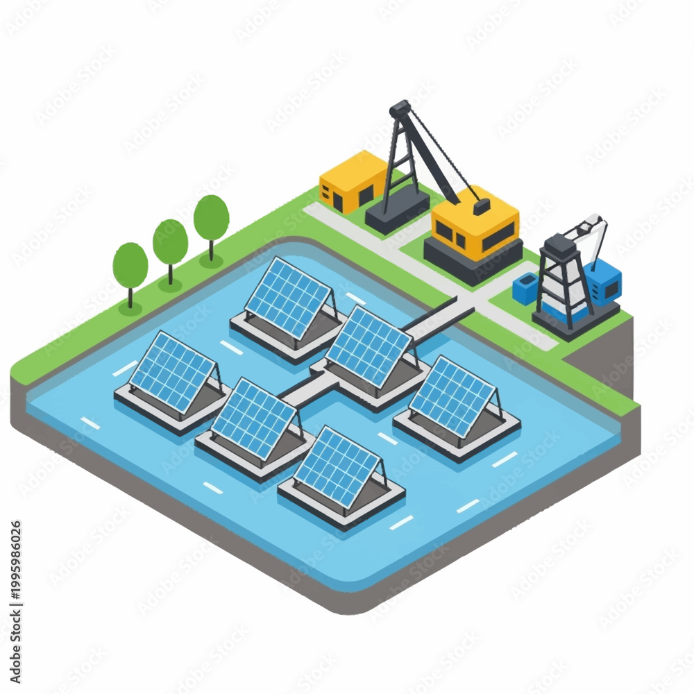 Floating solar farm construction with cranes and equipment. の Stock ...