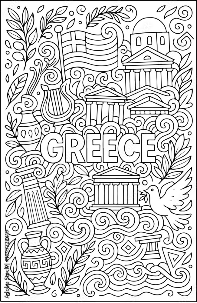Greece hand drawn vector illustration doodle art line art coloring page ...