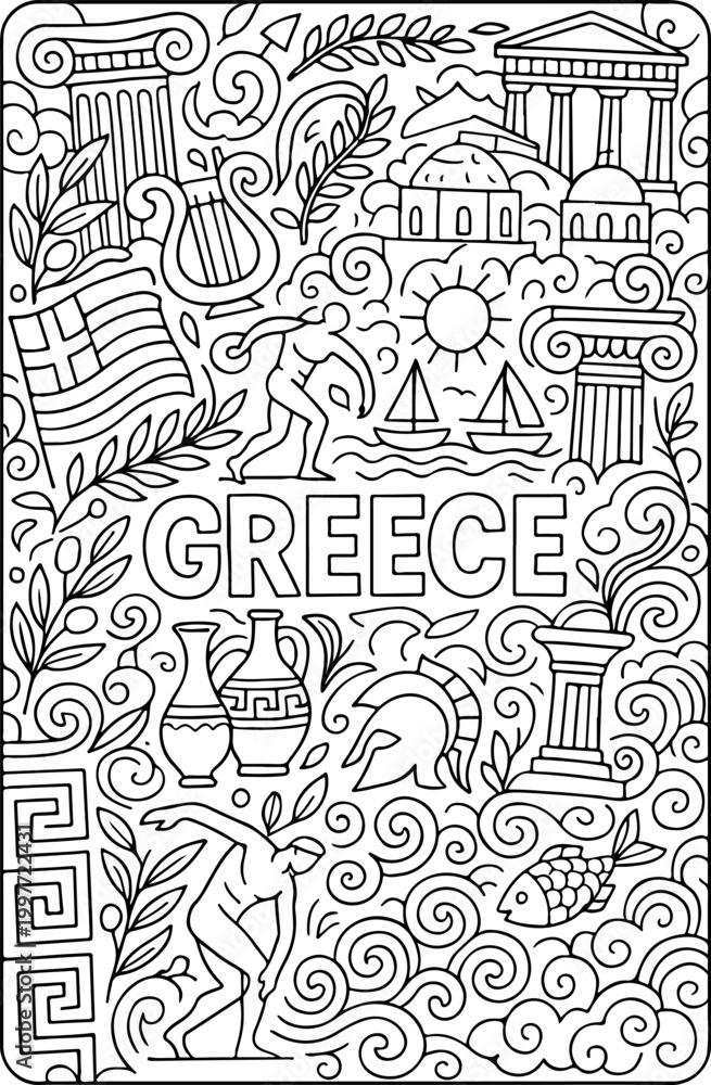 Greece hand drawn vector illustration doodle art line art coloring page ...