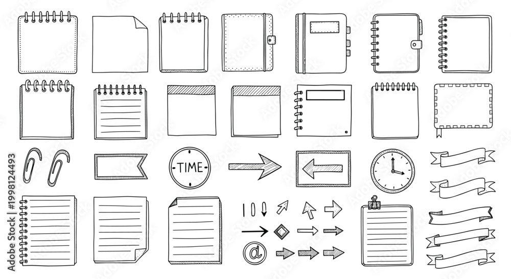 Hand drawn collection of office supplies including notebooks and sticky ...