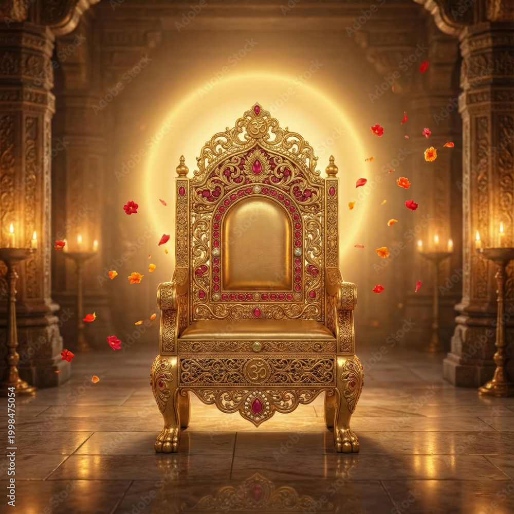 Majestic Golden Throne with Red Gemstones and Om Symbol in a Gra の ...