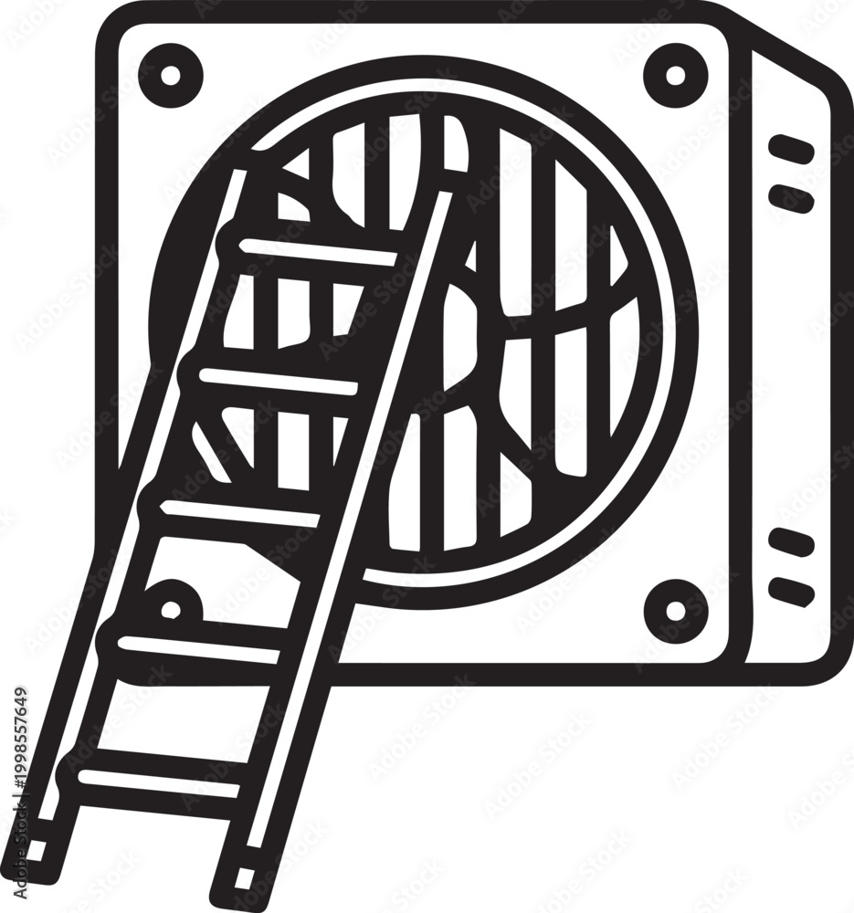 Professional steel ladder leaning against industrial ventilation unit ...