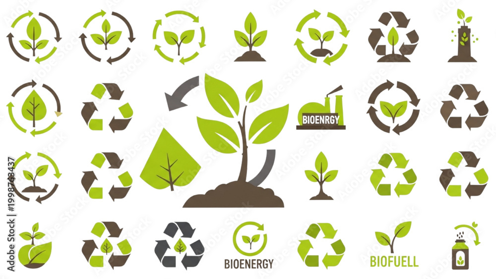 Vector de Stock Bioenergy and Circular Economy Vector Icon Sheet, Lime ...