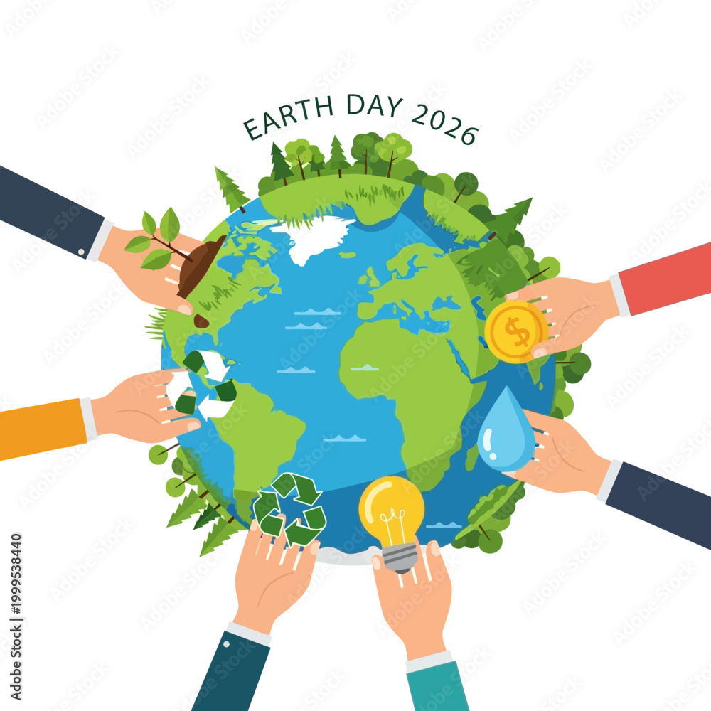 Stock-Vektorgrafik „Hands Unite for Earth Day 2026: Planet Care ...