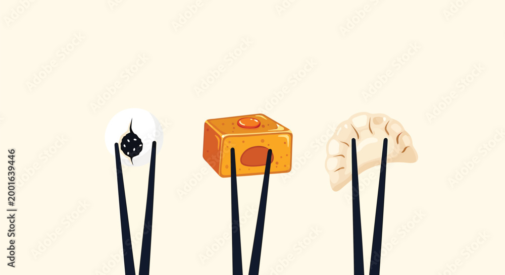 Asian food icons, dumplings, sushi, dim sum, vector illustrations ...