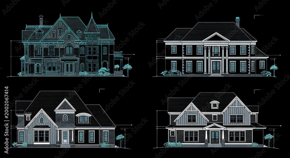 AutoCAD House Elevation Blueprint Vector Set – Elegant Homes Complex ...