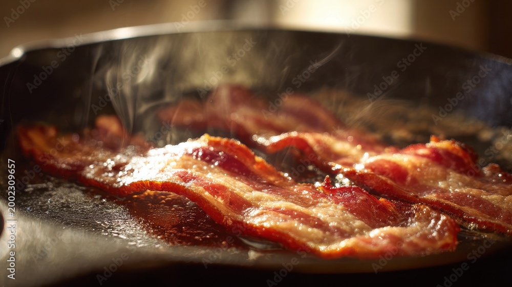 Pan-seared bacon slice in a skillet, steam rising, cozy kitchen setting ...