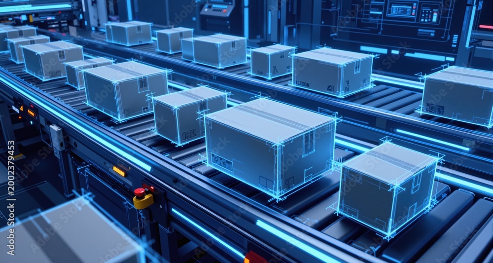 Foto many parcels run over an assembly line. The style of the blue ...