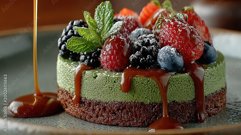 Elegant matcha mousse tart with rich cocoa base, fresh blackberries and ...