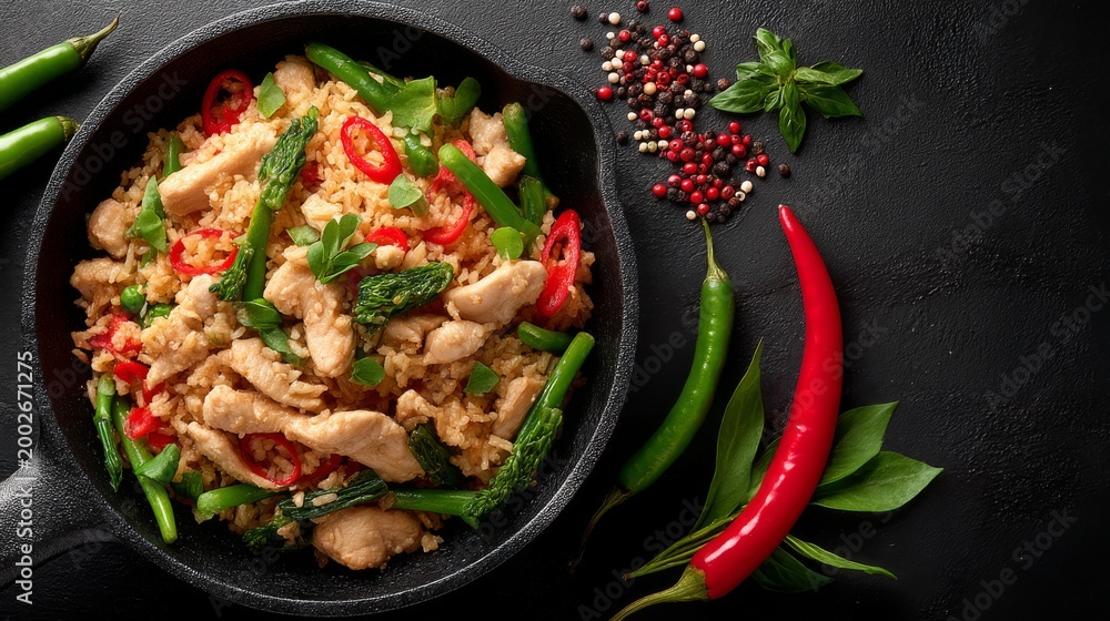 Delicious stir-fried chicken with colorful vegetables and spices in a ...