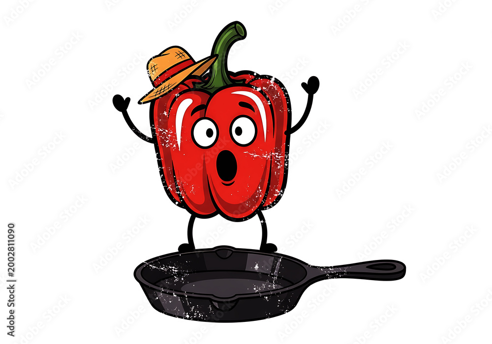 Surprised red bell pepper cartoon character wearing straw hat stands on ...