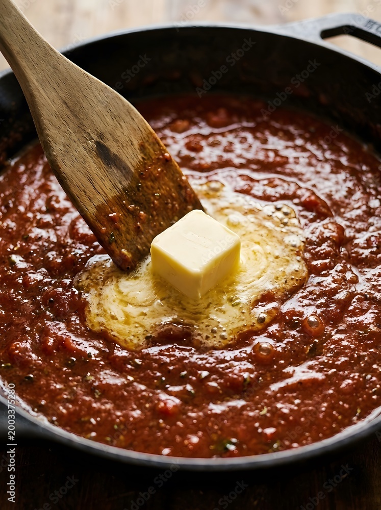 Adding cube of melting butter into hot tomato sauce in cast iron ...