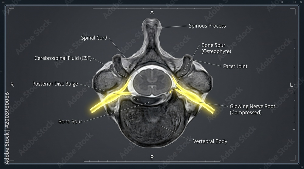 Medical illustration of a human vertebra showing a spinal cord ...