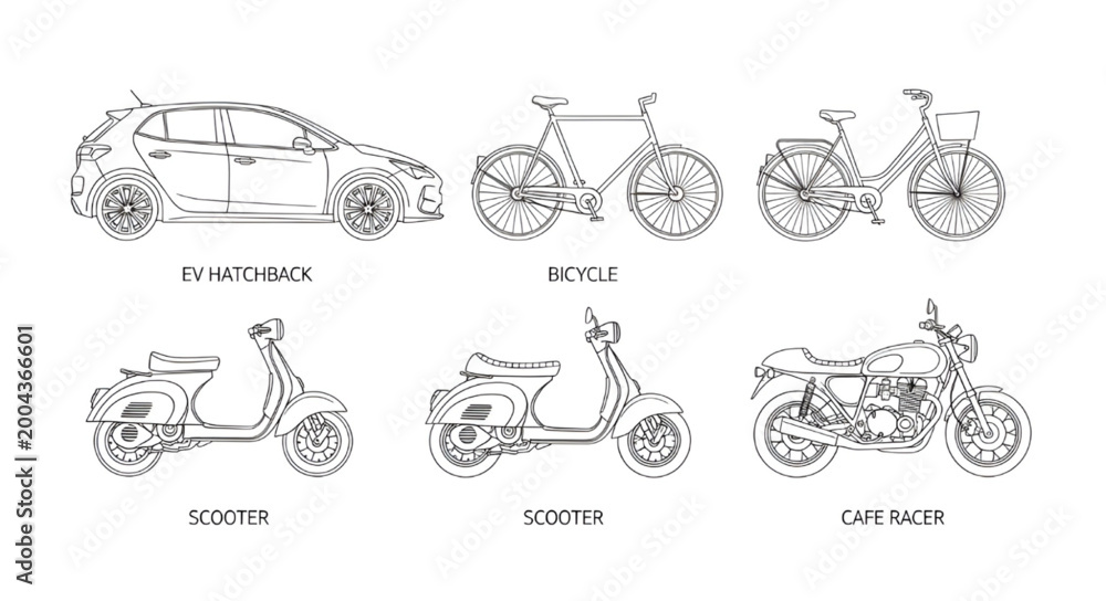 Vehicle CAD Drawings Vector: EV Car, Bicycle, Motorcycle, and Scooter ...