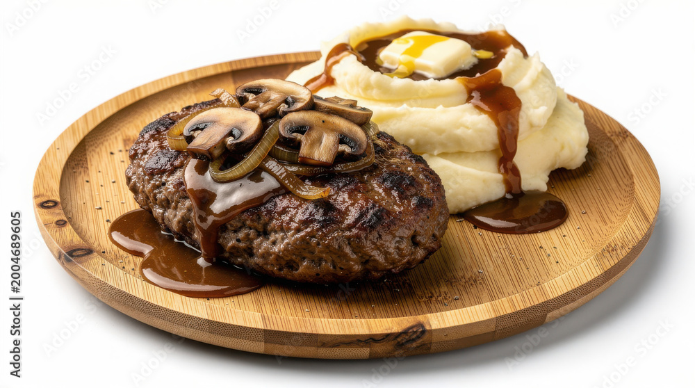 Salisbury Steak on Bamboo Plate 35 Degree Angle Isolated on White ...