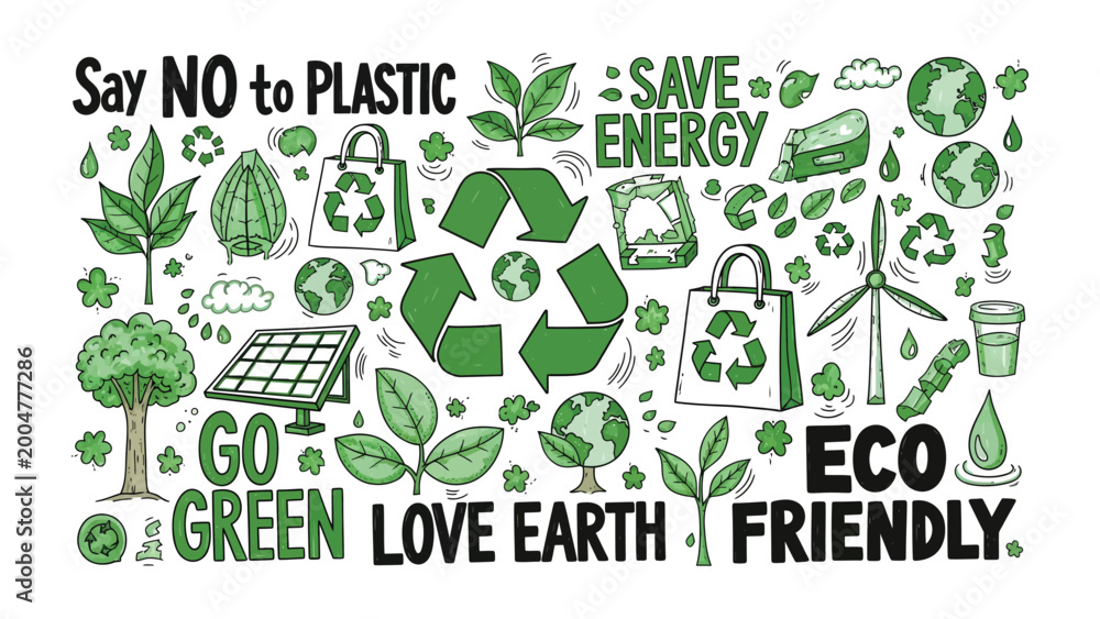 Eco-Friendly Concepts Illustrated: A captivating doodle showcases vital ...