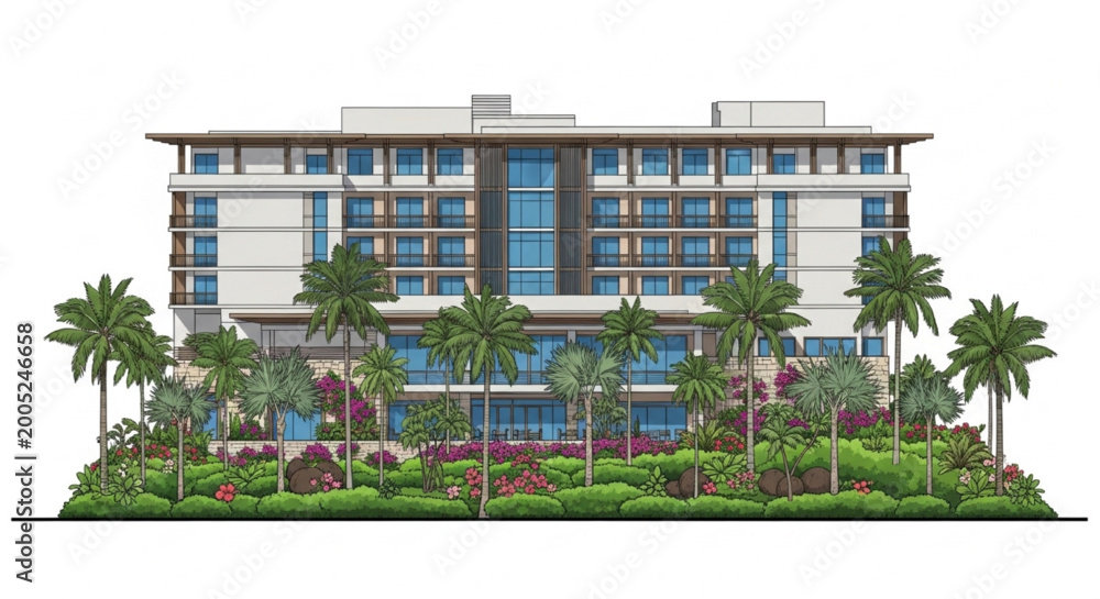 Luxury Resort Hotel Elevation CAD Drawing with Tropical Landscaping ...
