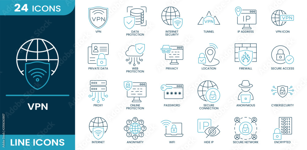 VPN icon set. vpn, data protection, internet security, tunnel, ip ...