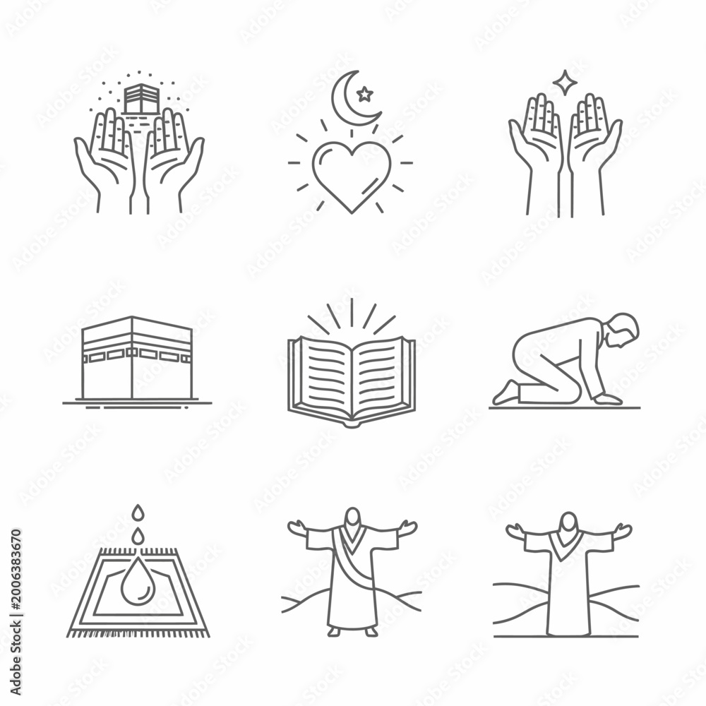 Islamic Religion Line Icon Set Featuring Kaaba, Quran, Praying Hands ...