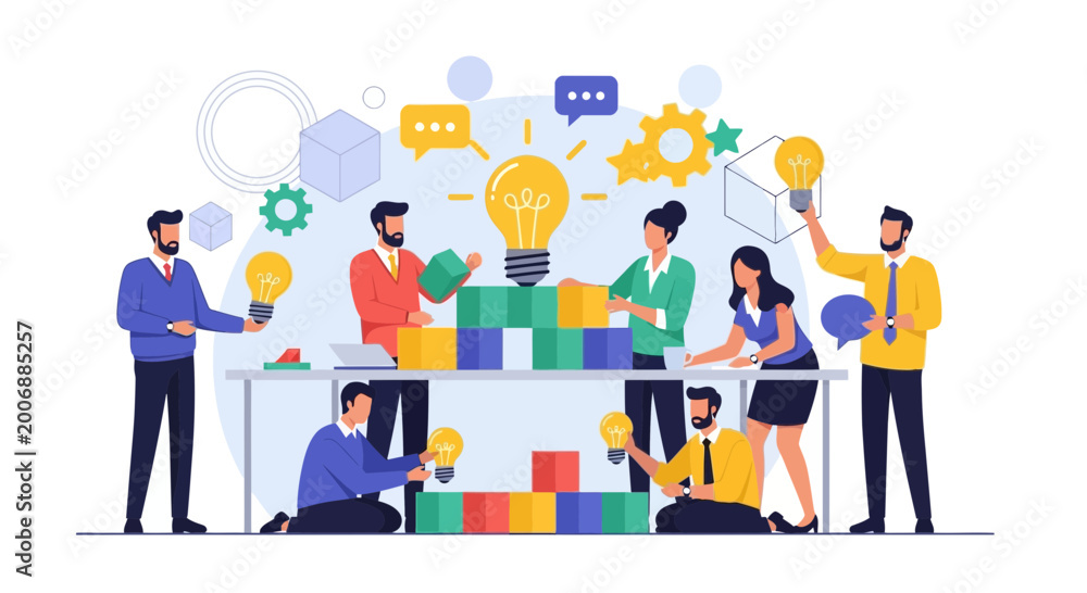 Teamwork and innovation: people building ideas with light bulbs and ...