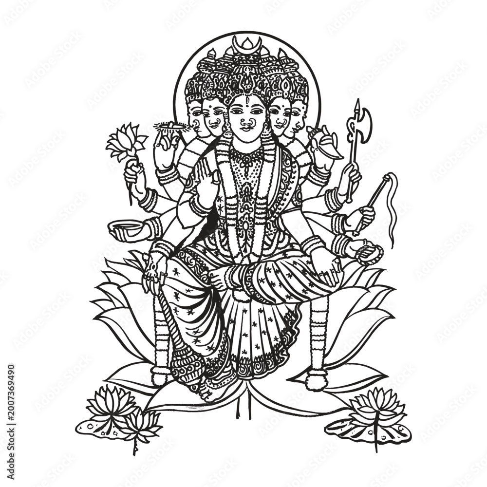 Hindu Goddess Devi with Five Faces Sitting on Lotus Throne Line Art ...