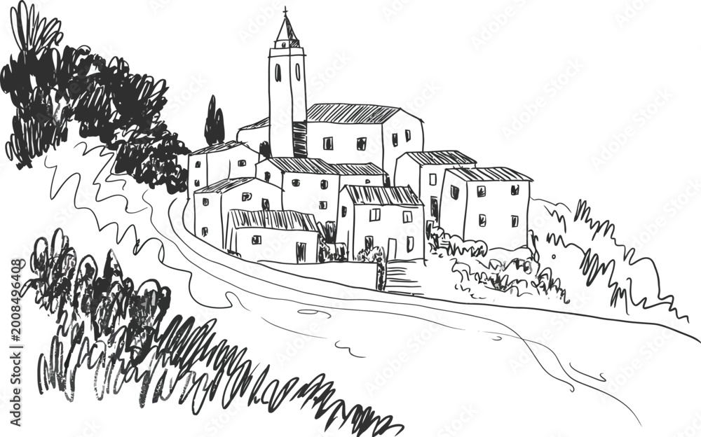 Vintage sketch illustration of a church in a village and city inspired ...