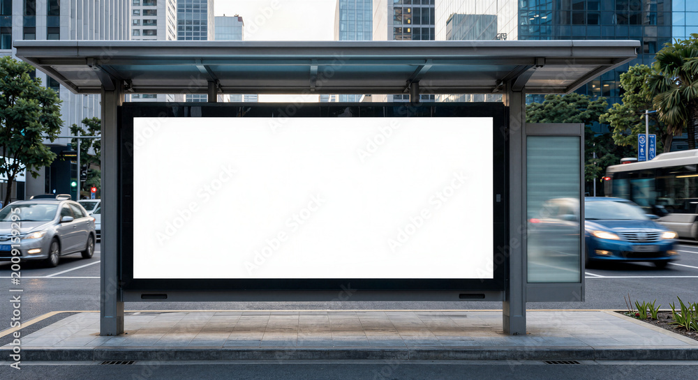 Blank billboard mockup at city bus stop, horizontal white poster ...