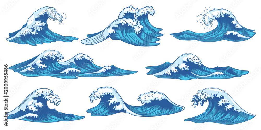 Engraving waves. Ocean blue water surfing wave vintage hand drawn, foam ...